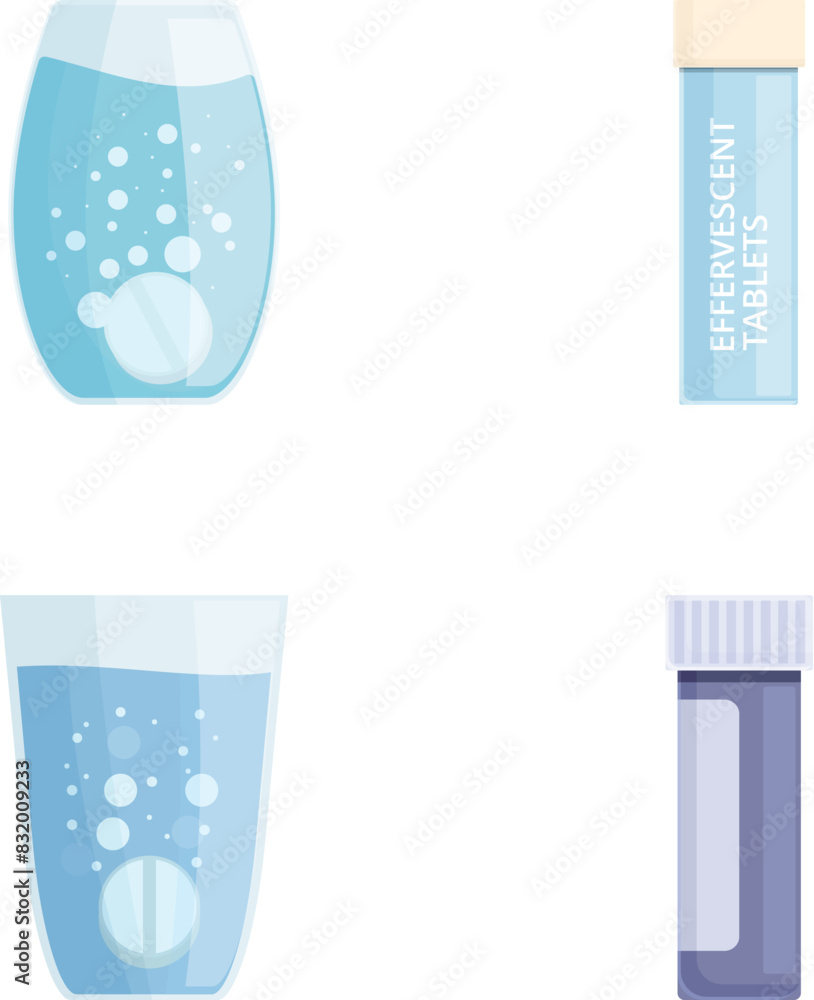 Four illustrations showcasing effervescent tablets and their fizzy ...