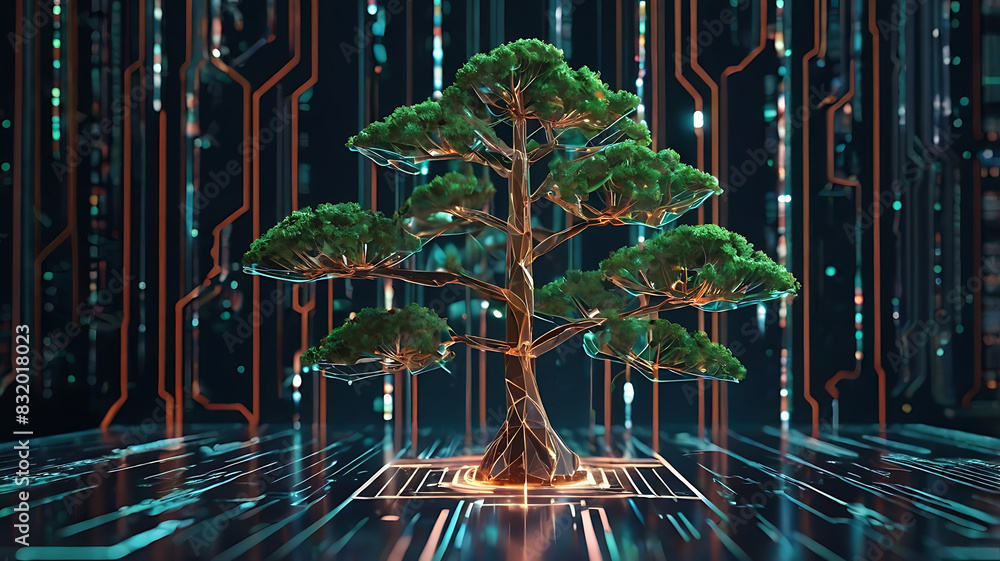 Modern illustration of a digital miniature tree in futuristic polygonal ...