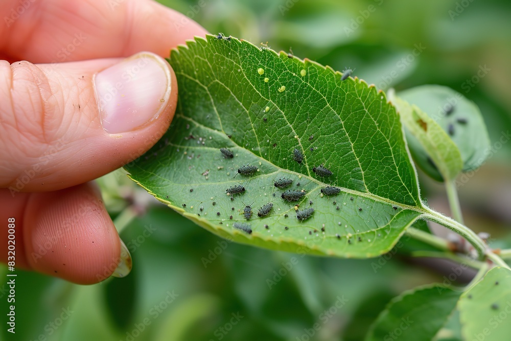 Ants and Aphids. Insect pests. Little black aphid Colony on a green ...