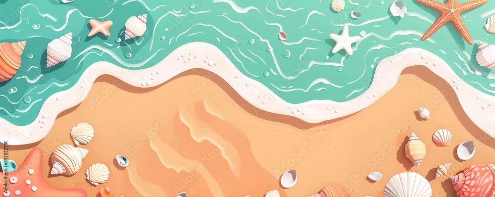 Discovering shells at the beach in a flat design, animated from a top ...