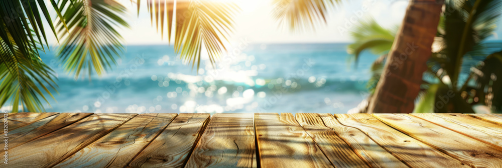 Wooden table with tropical beach background for product display, summer ...