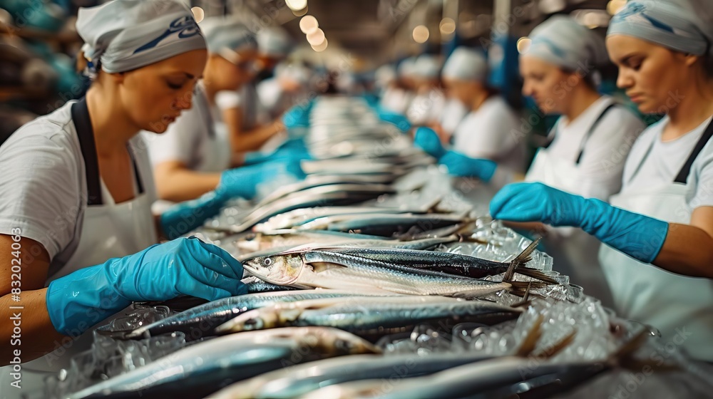 Workers in a fish processing factory preparing fresh fish. They wear ...