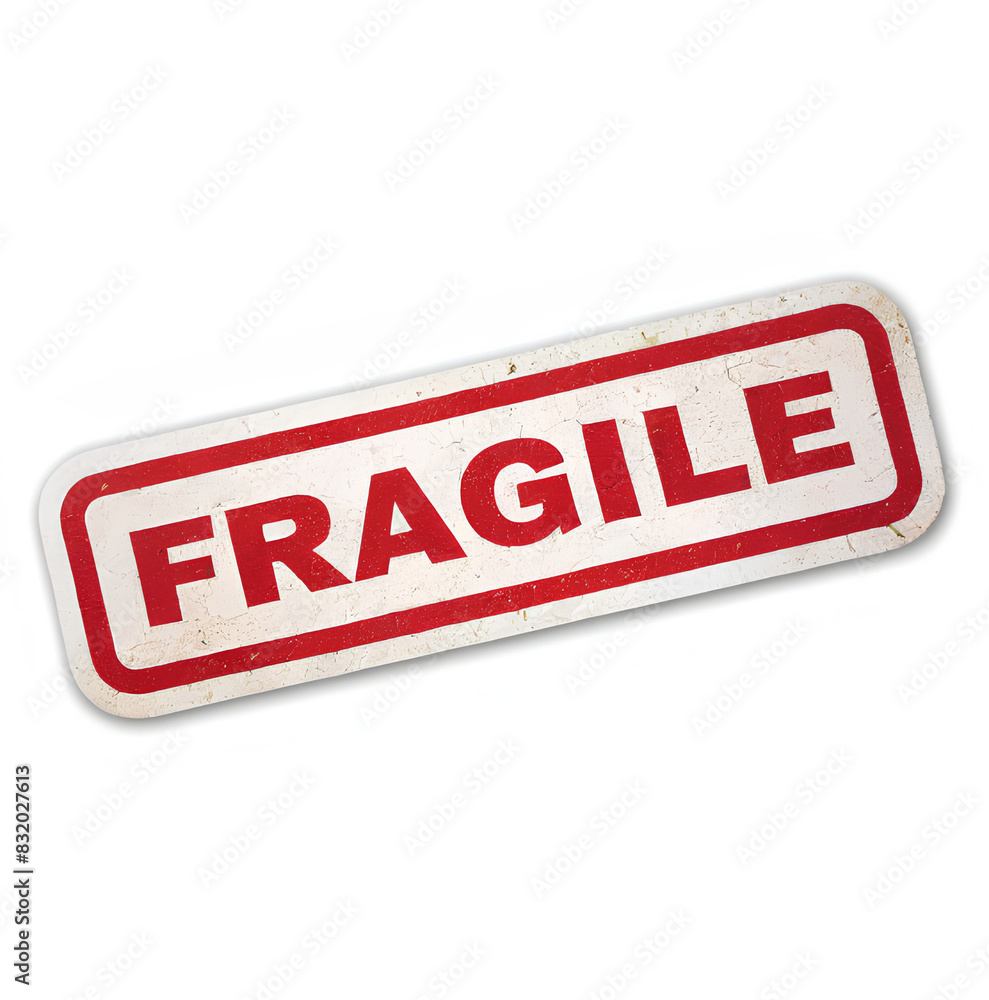 rectangular red fragile label on white background, with dirty texture ...