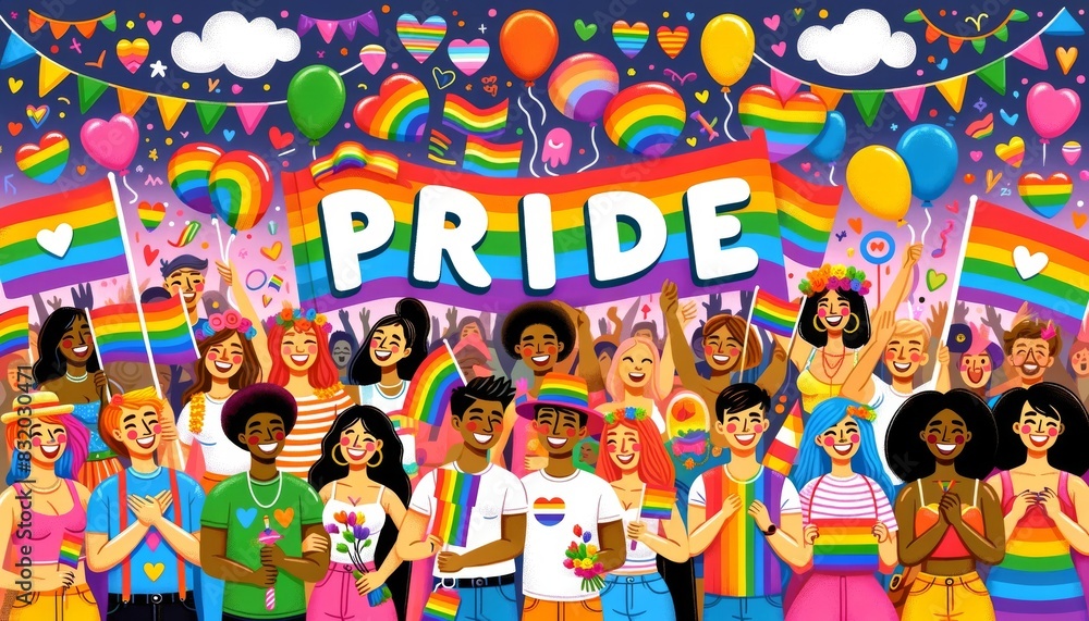 Lively illustration of a diverse crowd celebrating a pride parade with ...