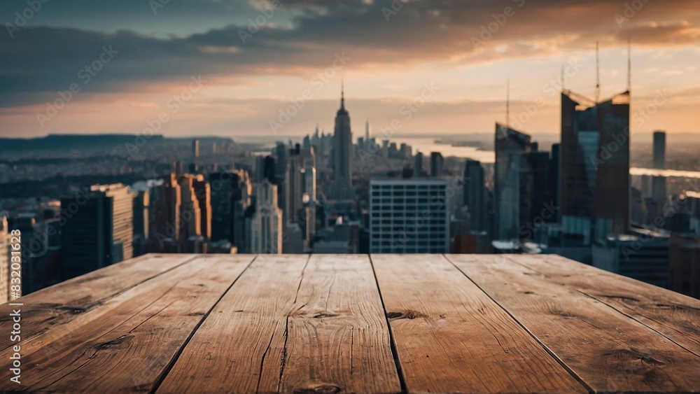 Empty wooden table for mockups. Outdoor exposition exhibit platform ...