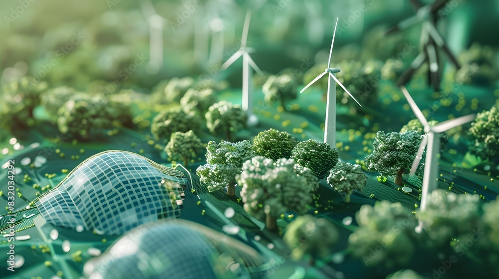 Renewable energy scene with solar cells and wind turbines, emphasizing ...