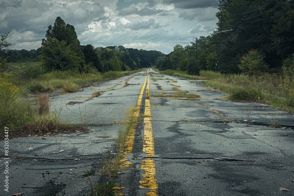 An abandoned highway stretches into the distance, overgrown with ...