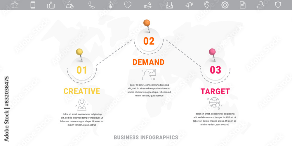 Business infographic timeline with 3 paths and circles. Modern timeline ...