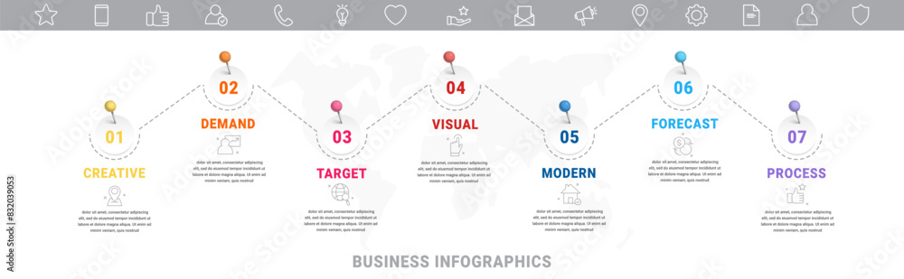Business infographic timeline with 7 paths and circles. Modern timeline ...