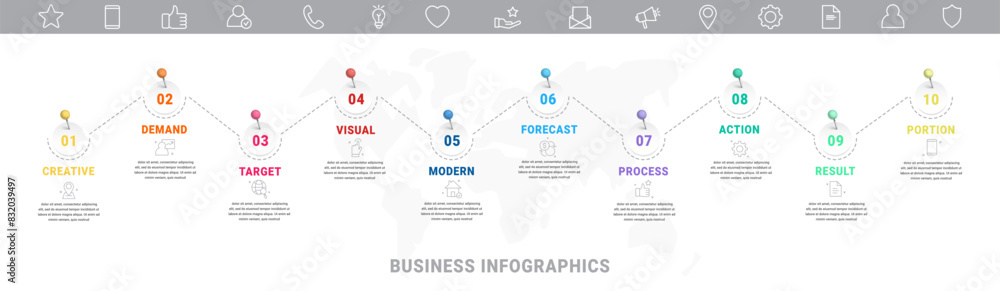 Business infographic timeline with 10 paths and circles. Modern ...