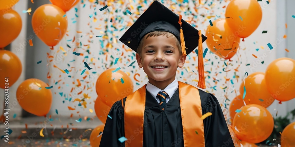 kid boy with orange balloons and confetti background on graduation ...