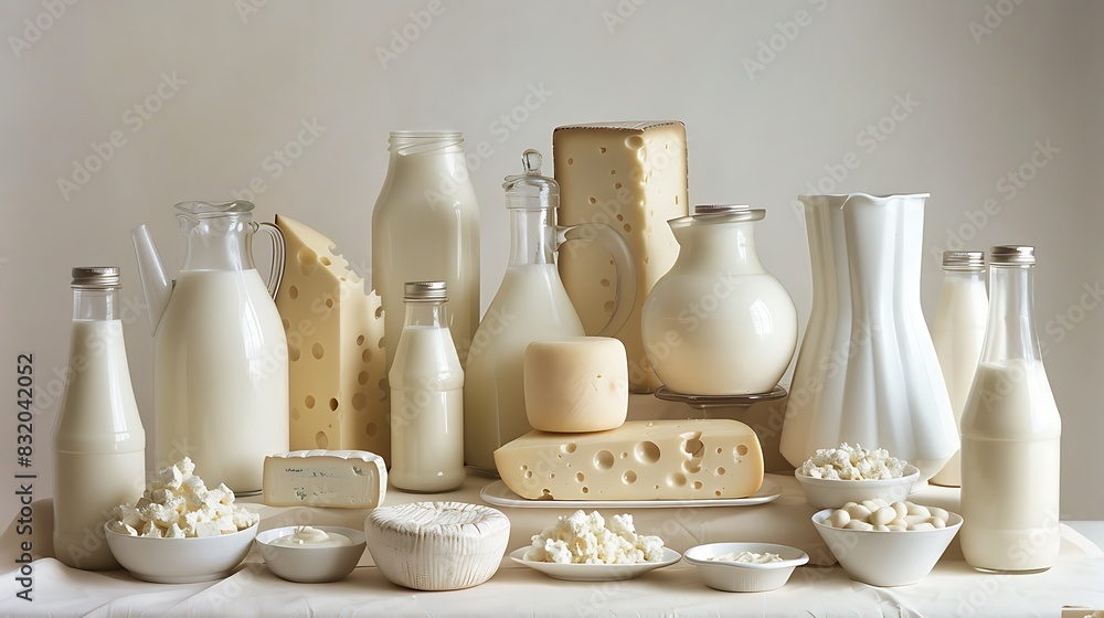 Display a variety of milk products, including cheeses, yogurts, butters ...