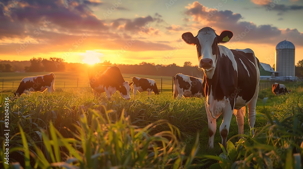 Photograph a dairy farm at sunrise, capturing cows grazing peacefully ...
