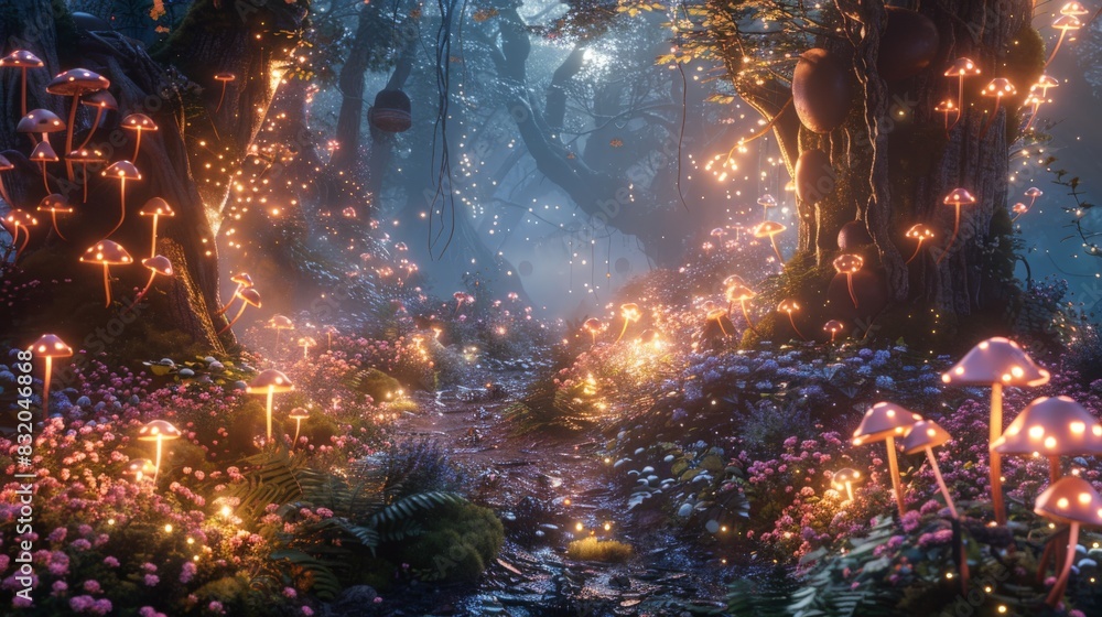 a fantasy forest where 2D creatures interact with 3D elements, magical ...