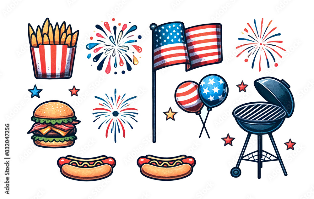 Colorful illustration of American Independence Day celebration elements ...