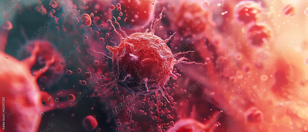 Close-up view of red cancer cells under a microscope, showcasing cell ...