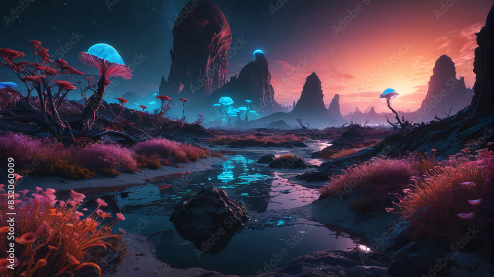 Beneath the swirling skies of Vortexia, bioluminescent flora and fauna ...