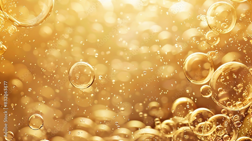 Luxury gold bubbles background with golden shining glowing glitter particles soap or oil bubble ...