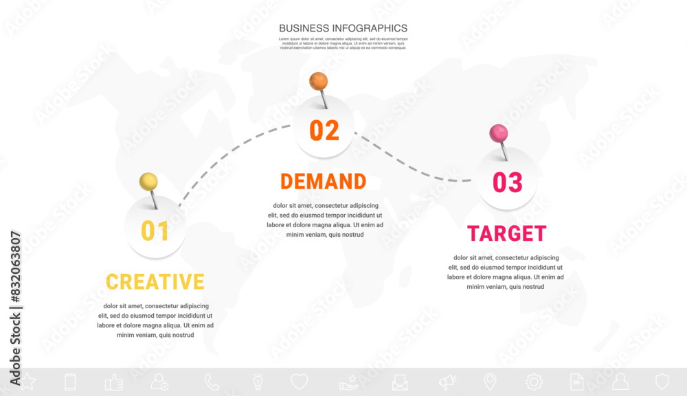 Business infographic timeline with 3 paths and circles. Modern timeline ...