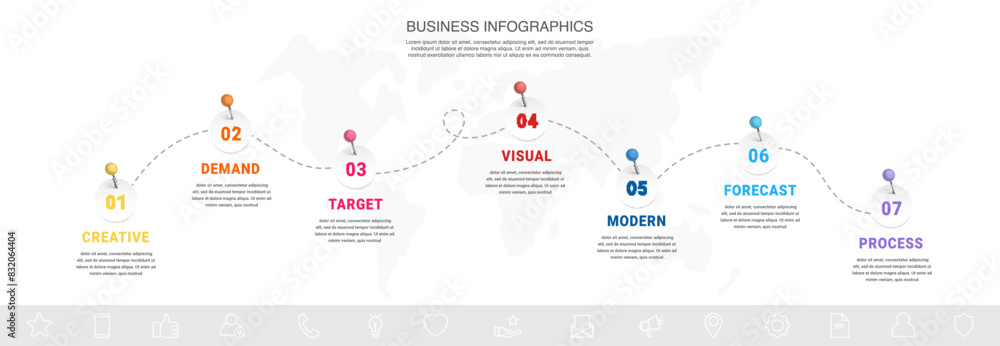 Business infographic timeline with 7 paths and circles. Modern timeline ...