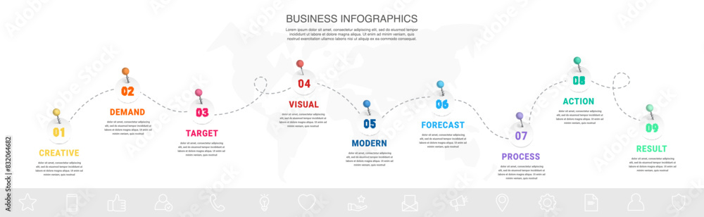Business infographic timeline with 9 paths and circles. Modern timeline ...