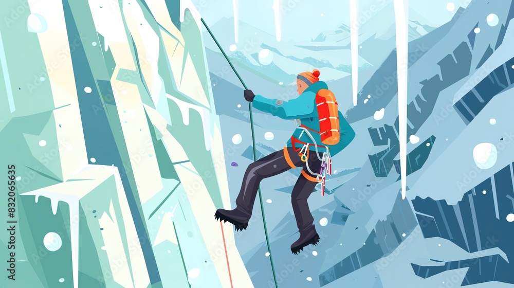 Ice climbing infographic flat design side view extreme cold challenge ...