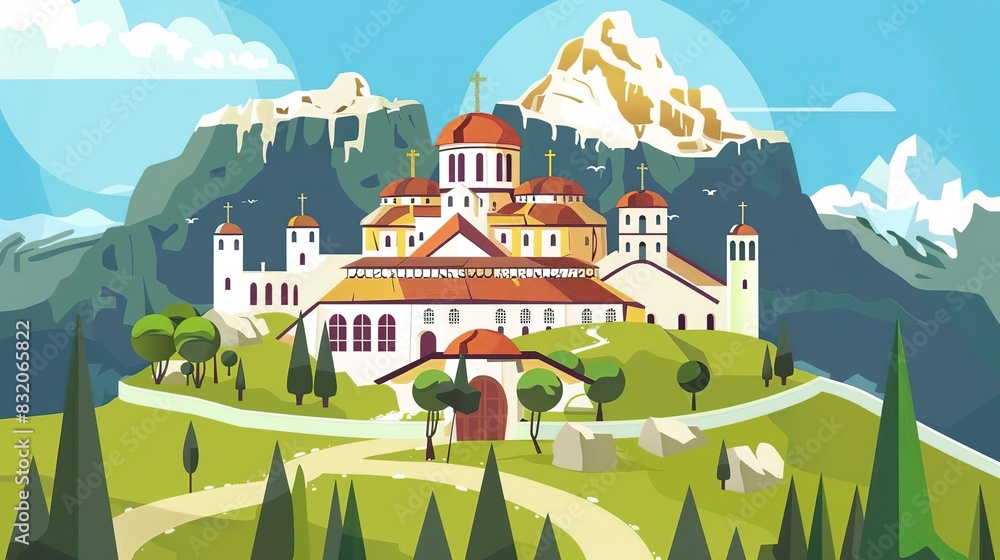 Mountain monasteries infographic flat design side view spiritual ...