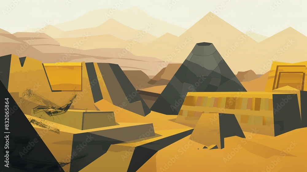 Archaeological sites in peaks artwork flat design front view excavation ...