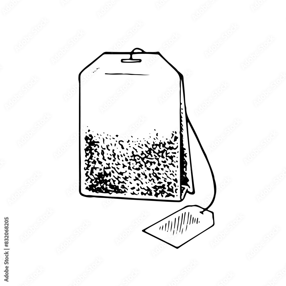 Tea Bag Vector outline illustration. Hand drawn graphic clipart of ...
