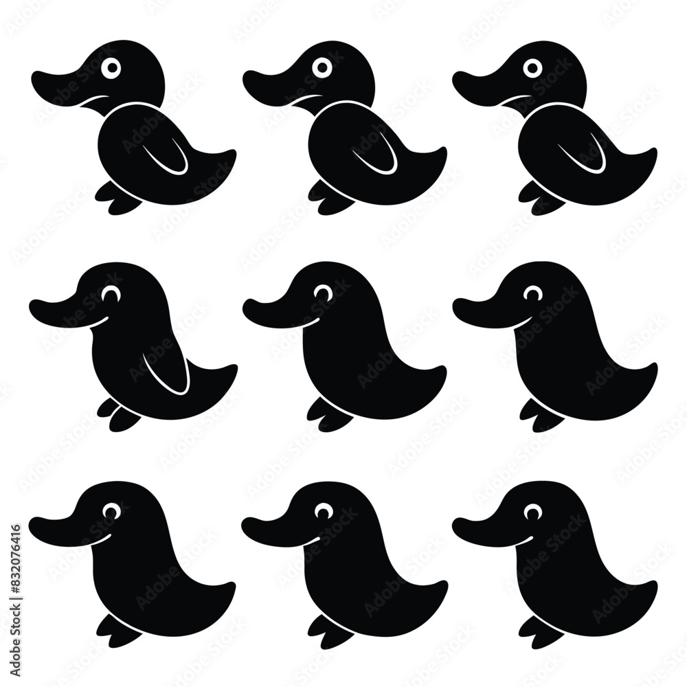 Set of Solid black outline platypus icon, duckbill vector, animal ...