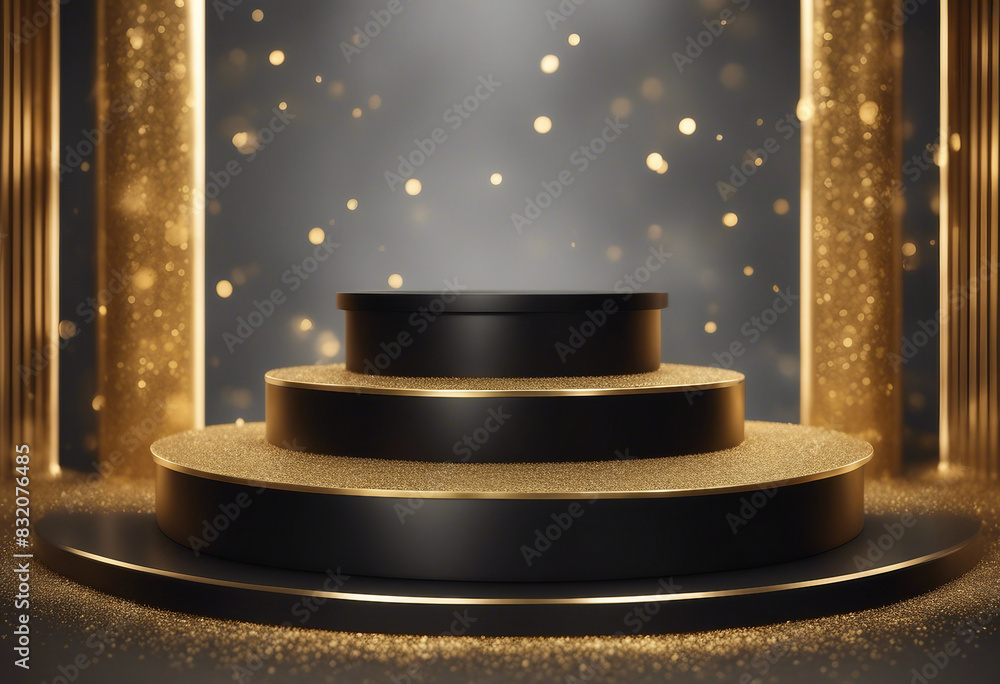 Background black podium stage gold award glitter light 3d platform ...