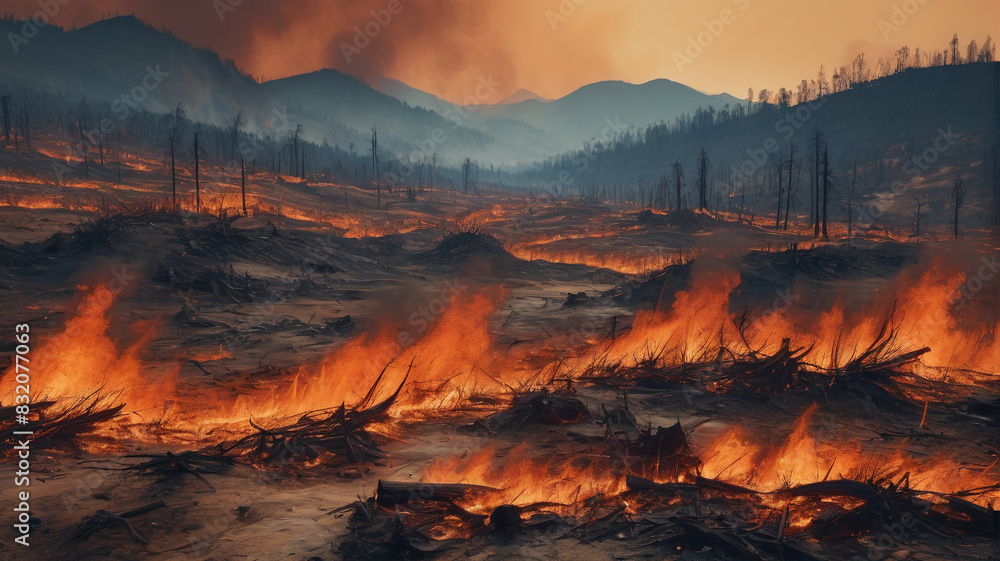Painting depicting scorched landscapes and wildfires, a visual ...