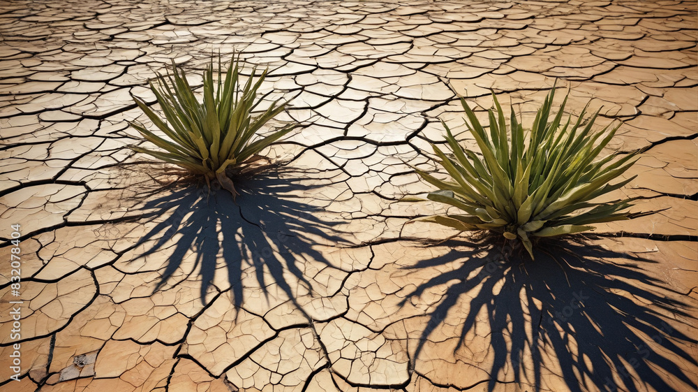 Artwork portraying wilted plants and cracked earth under the relentless ...