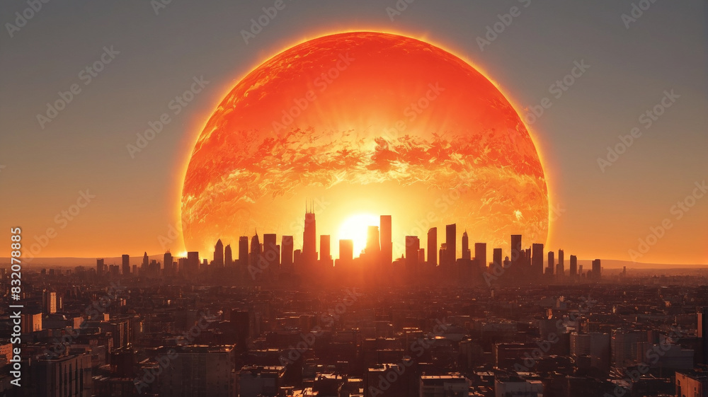 Mural depicting a blazing sun looming over a city skyline, casting ...