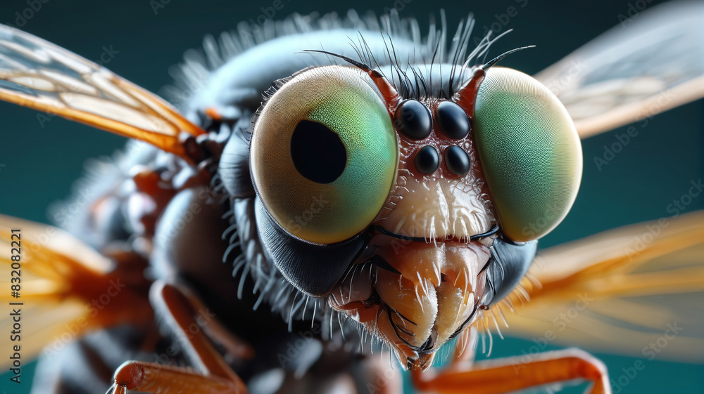 ภาพประกอบสต็อก Zoomed-in view of a mutated fly with mutated wings and ...