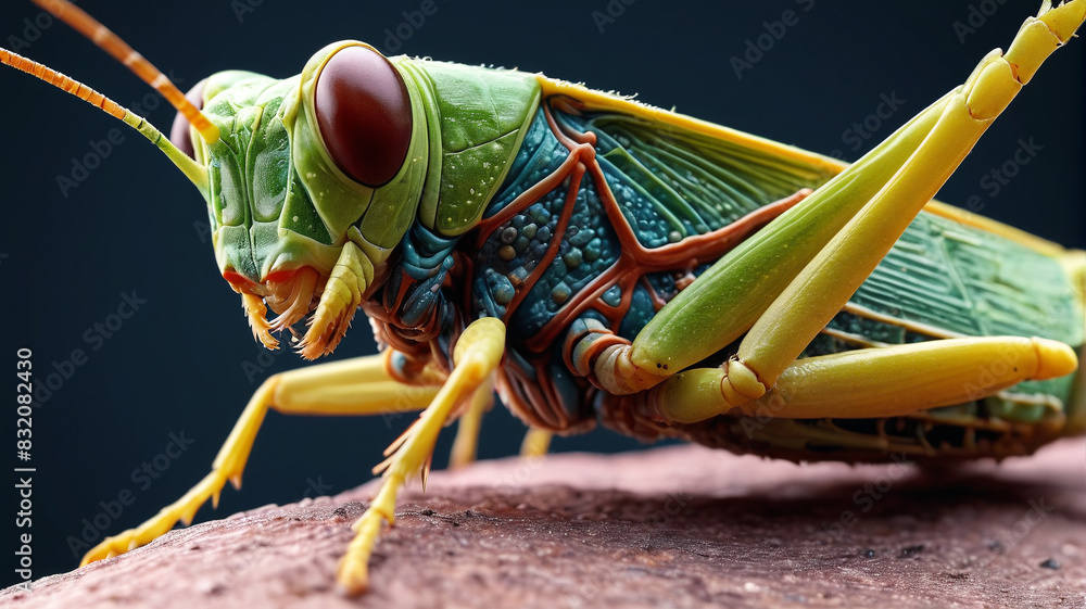 Up-close shot of a mutated grasshopper with irregular body patterns and ...