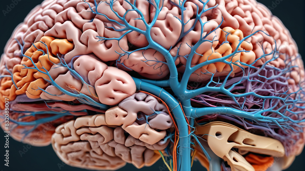Zoomed-in view of a cross-section of the human brain, revealing the ...