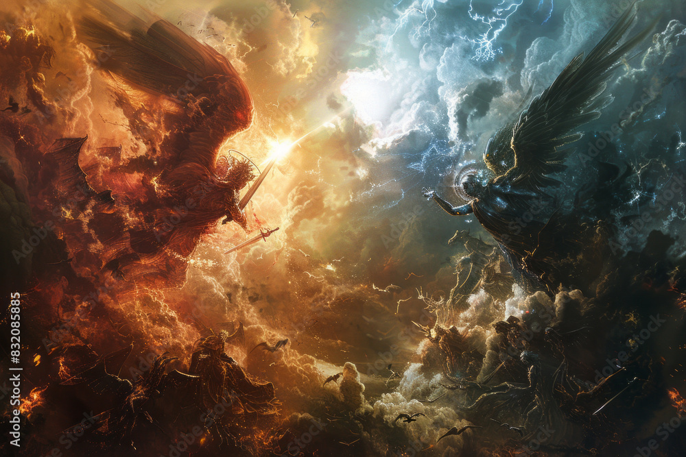 Epic battle between angelic and demonic forces in the sky Stock ...
