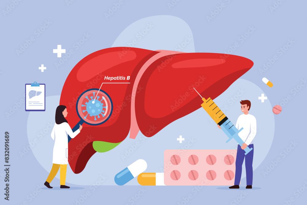 Vector illustration of liver damage by hepatitis b virus. Cartoon scene ...