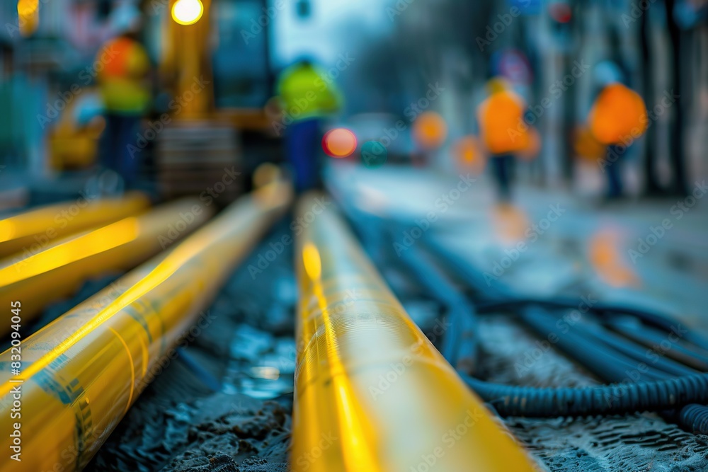 Construction work for replacement of engineering pipes. Workers ...