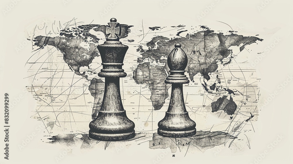 Two chess pieces on a world map, digital sketch, detailed linework ...
