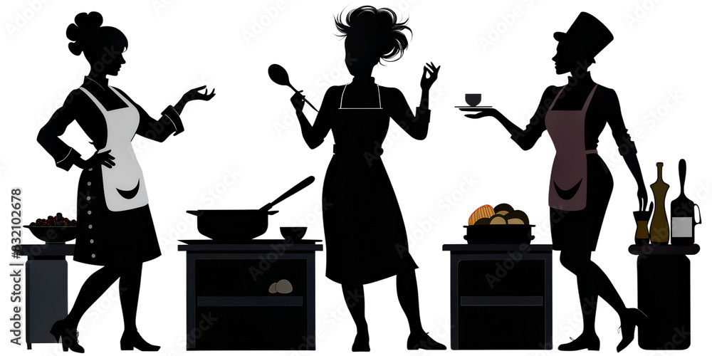 clip art of set black silhouetts of the women cooks prepare food in the ...