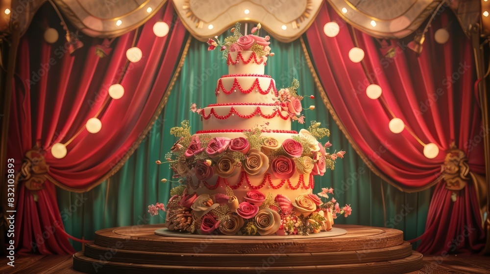 Circus stage podium background showcasing an elaborate, multitiered wedding cake, decorated with ...