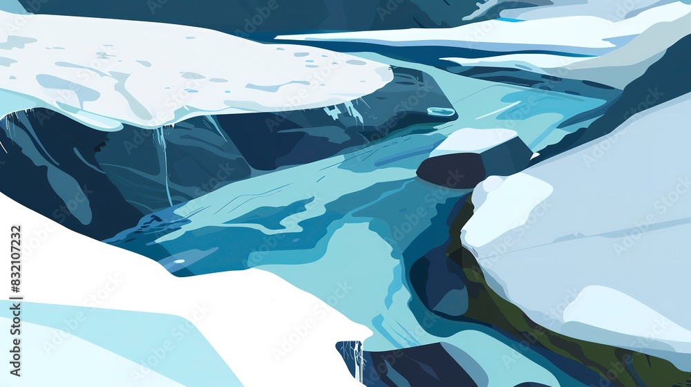 Ice river flows artwork flat design front view hydrology studies theme ...