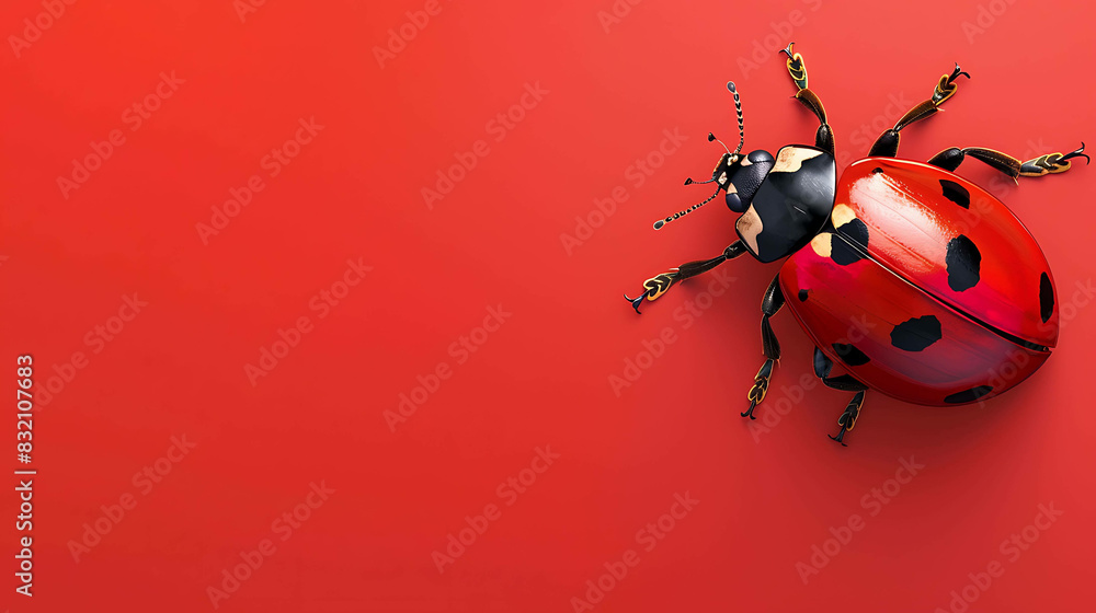 A red ladybug is sitting on a red background. The ladybug has black ...