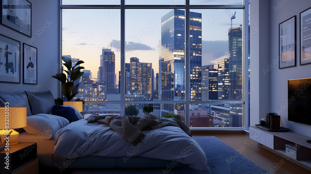 High rise apartment bedroom with large window view of a city. Upscale ...