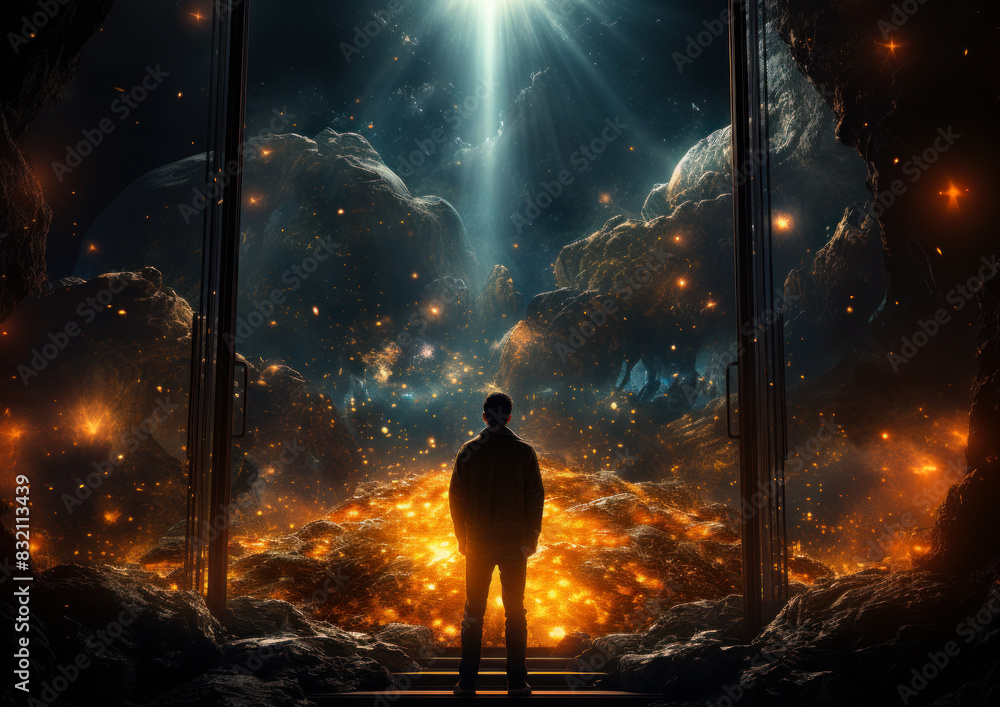 Man stands in front of large open door and dark apocalyptic landscape ...