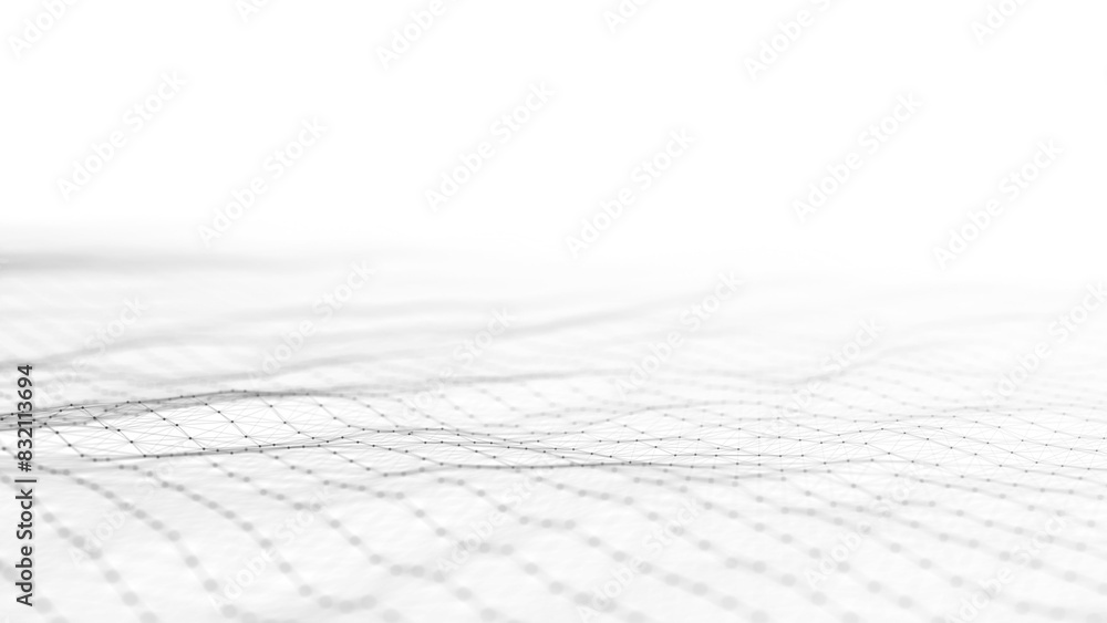 Technology white wave of particles and lines. Big data visualization. Analytics representation ...