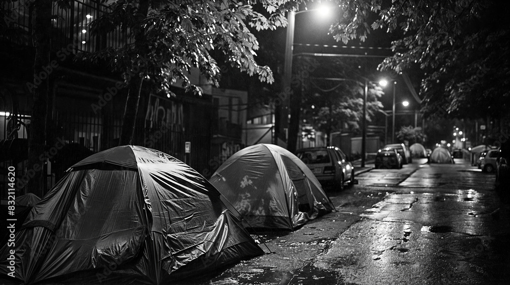 Tents Lining a Rainy City Street at Night Highlighting Homelessness ...