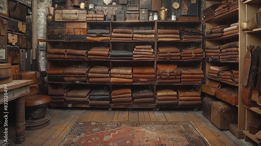 Vintage leather workshop with shelves of rolled leather, wooden crates ...